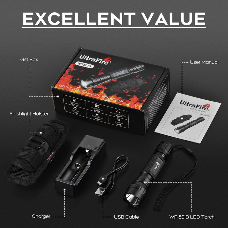UltraFire WF-501B Tactical Flashlight with Holster | 1000LM Police ...